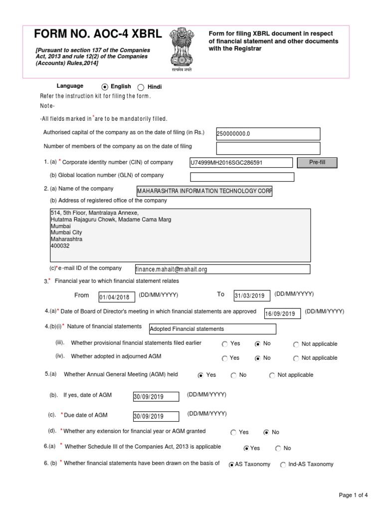 Form AOC-4 (XBRL) - 01022020 - Signed | PDF | Accountant | Audit