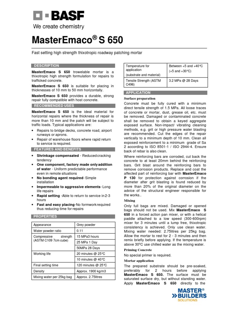 Masteremaco S 650: Fast Setting High Strength Thixotropic Roadway ...