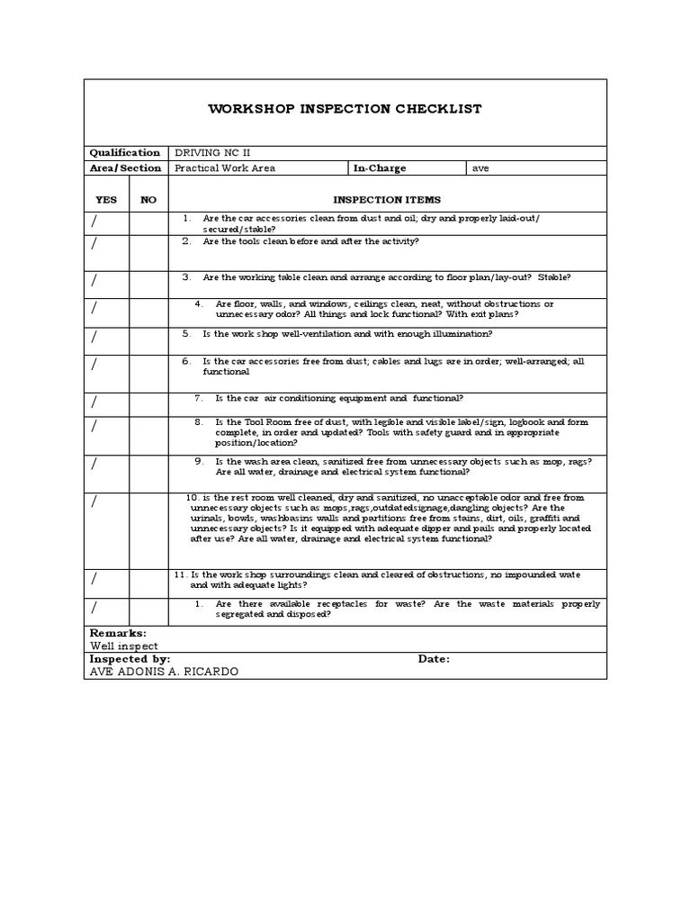 03 Workshop Inspection Checklist | PDF