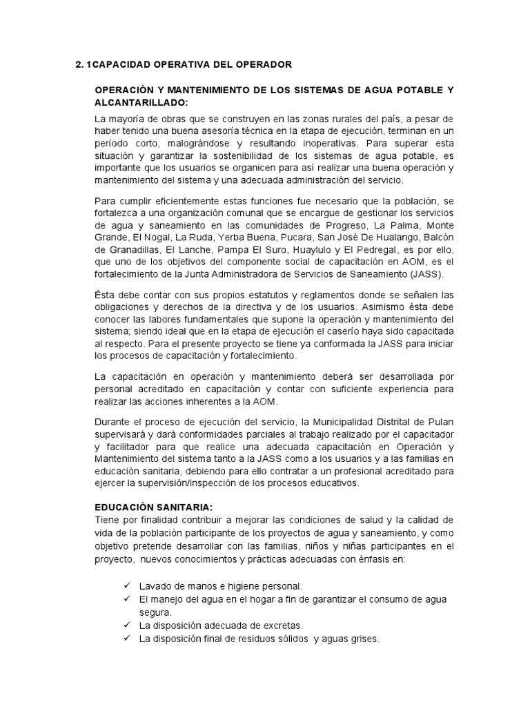 Capacidad Operativa Del Operador | PDF | Saneamiento | Agua