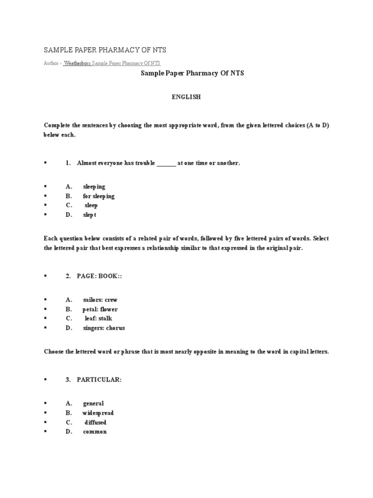 Sample Paper Pharmacy of NTS | PDF | Acid | Communication