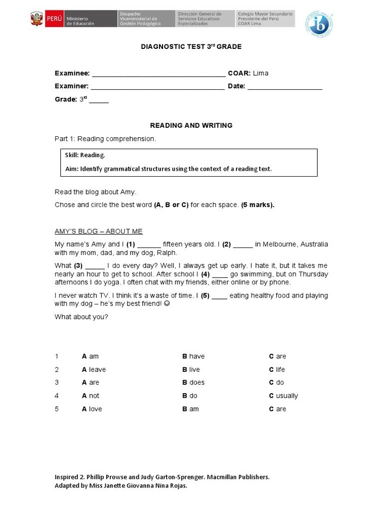Diagnostic Test | PDF | Reading Comprehension | Linguistics