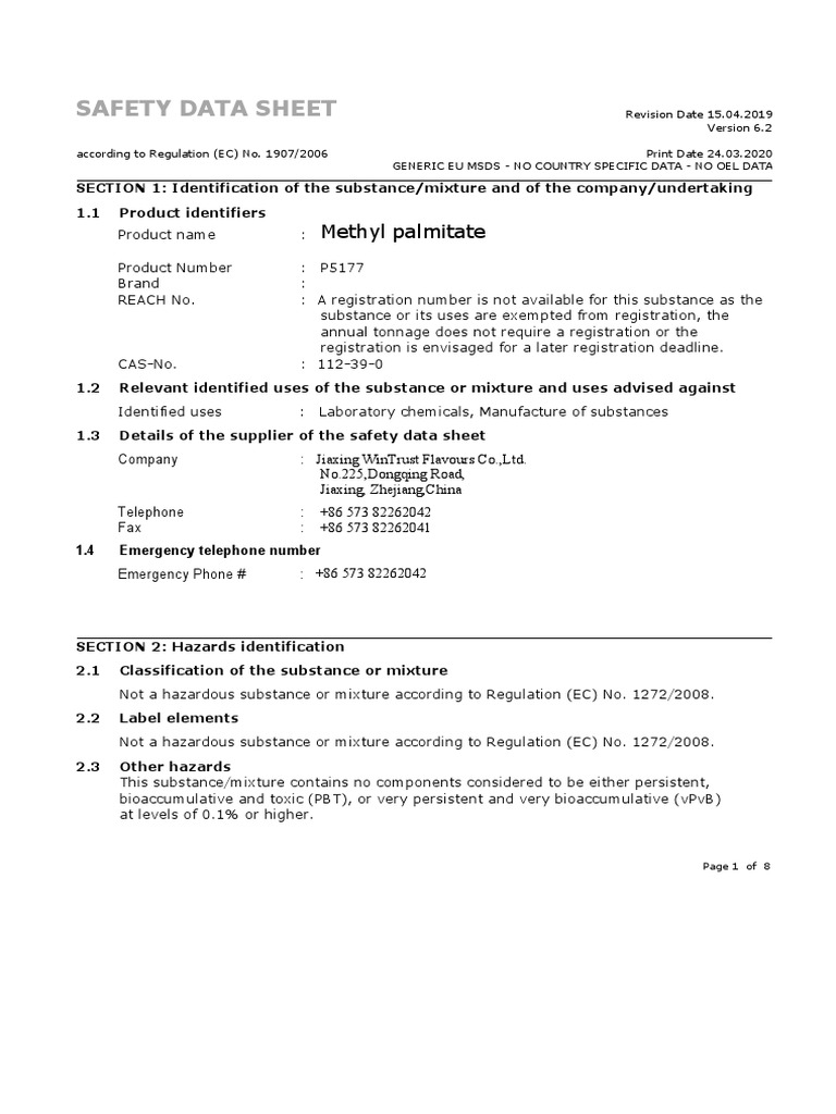 MSDS of Methyl Palmitate | PDF | Toxicity | Safety