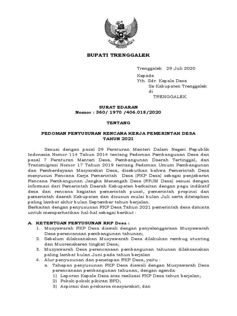 Se Bupati Trenggalek Tentang Penyusunan Rkpdes 2021 | PDF