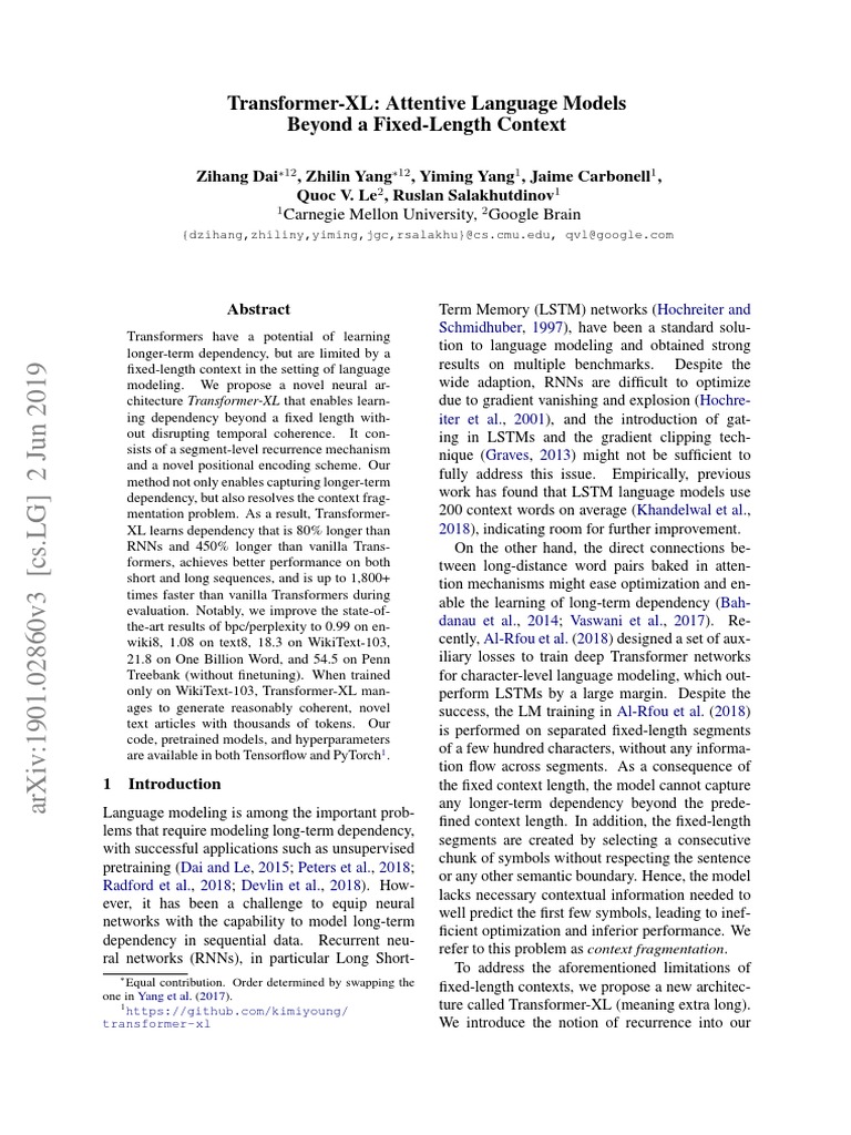 Transformer-XL: Attentive Language Models Beyond A Fixed-Length Context | PDF | Information ...