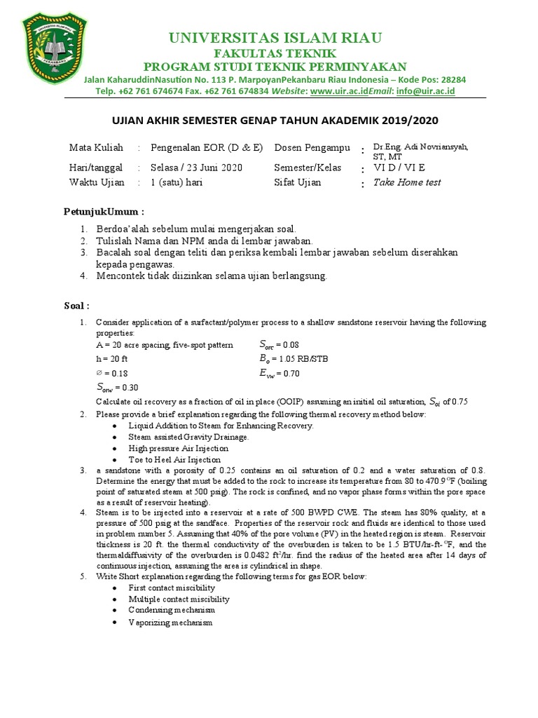 Form Soal UAS (Pengenalan EOR D Dan E) | PDF | Enhanced Oil Recovery ...