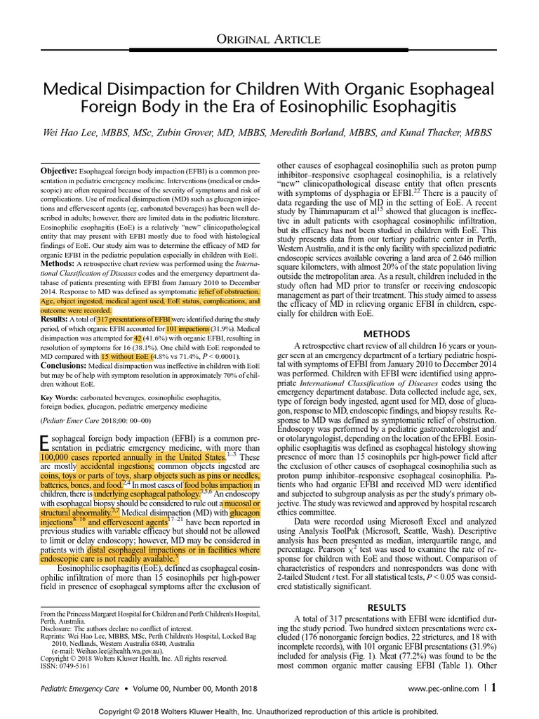 Medical Disimpaction For Children With Organic Esophageal Foreign Body ...