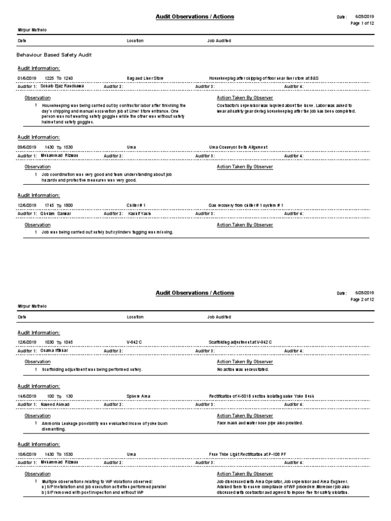 Behaviour Based Safety Audit | PDF | Leak | Audit