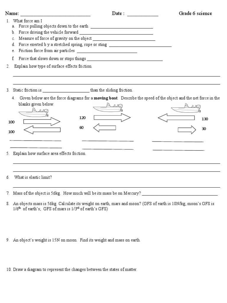 Revision Worksheet 3 Grade 6 | PDF | Friction | Force