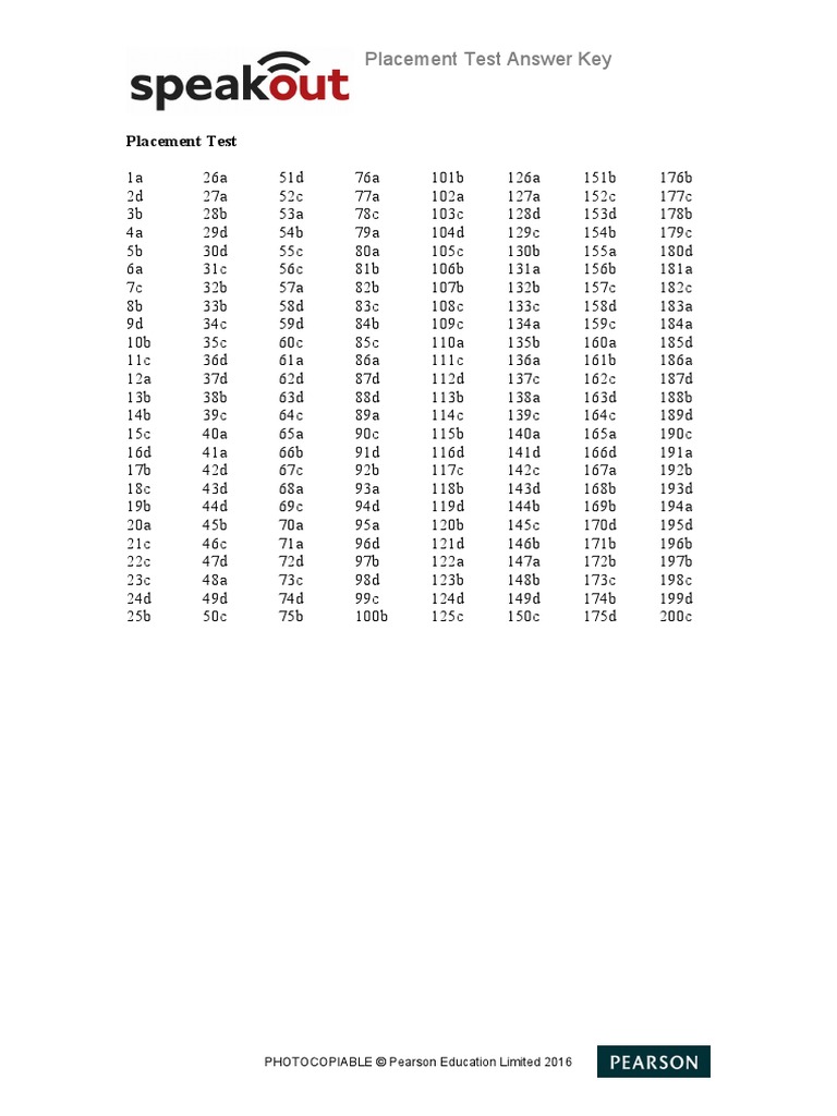 Speakout Placement Test Answer Key | PDF