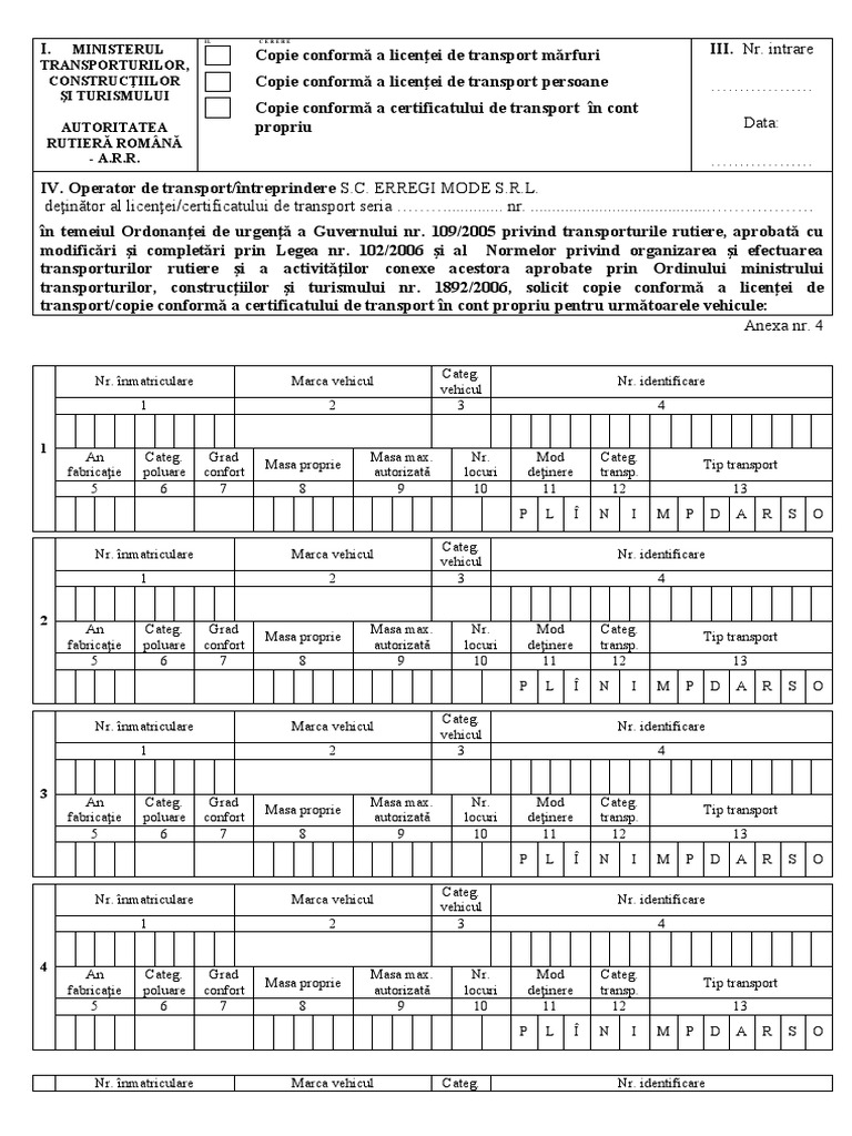 CERERE Copie Conforma A Licenţei Certificatului de Transport - Anexa 4 ...