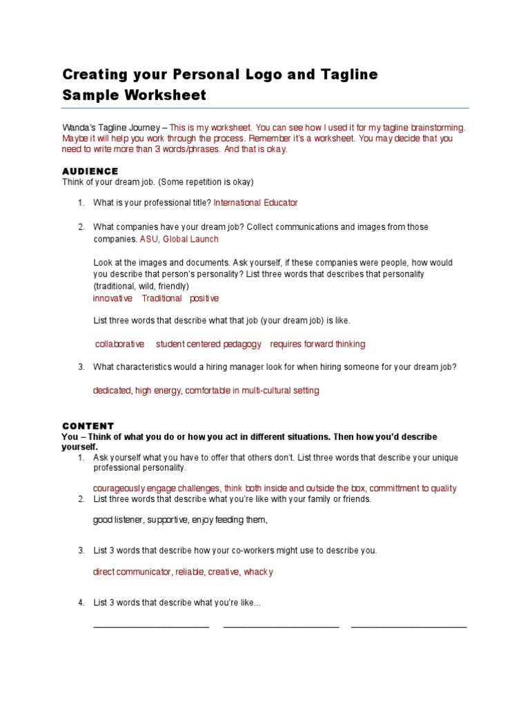 Creating Your Personal Tagline Example Worksheet | PDF | Educational ...
