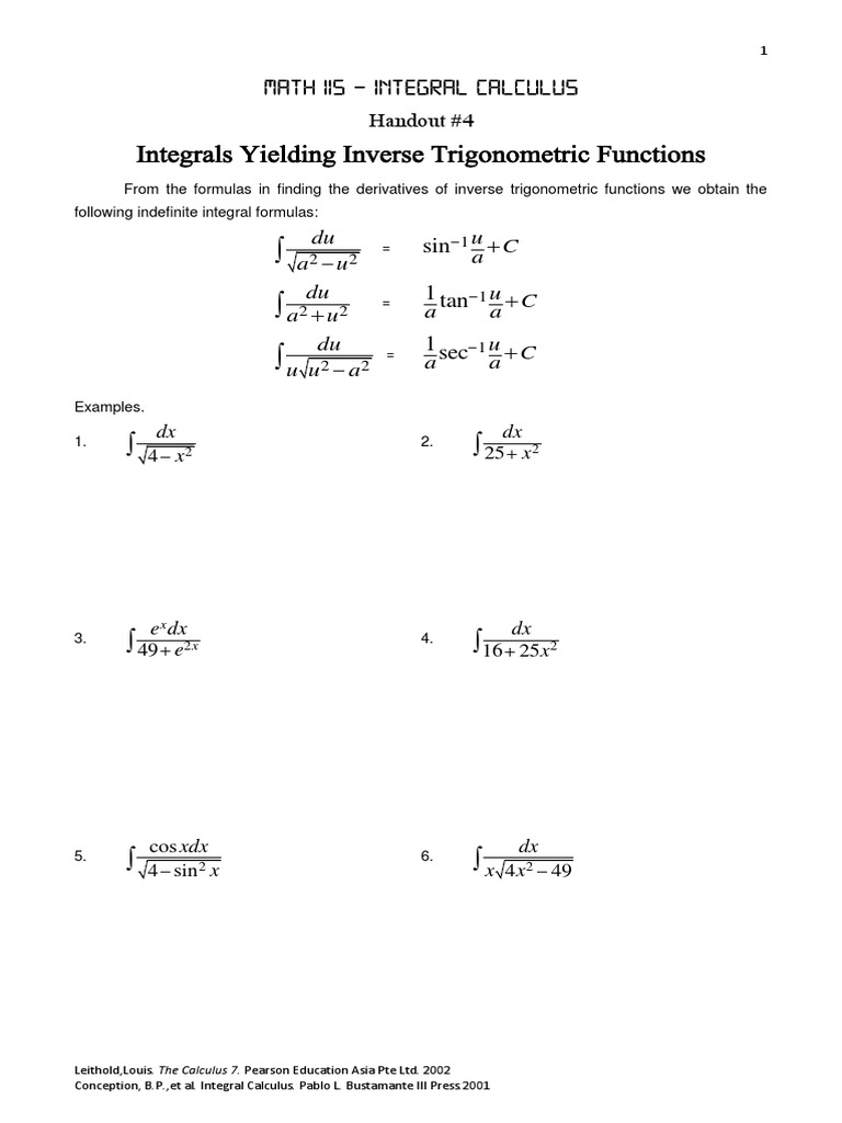 Integrals Yielding Inverse Trigonometric Functions PDF | PDF ...