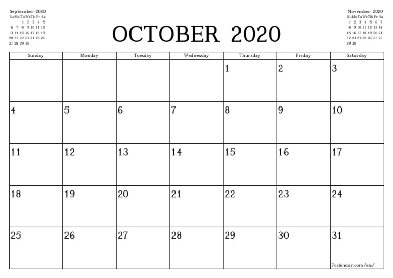 October 2020 Monthly Calendar | PDF