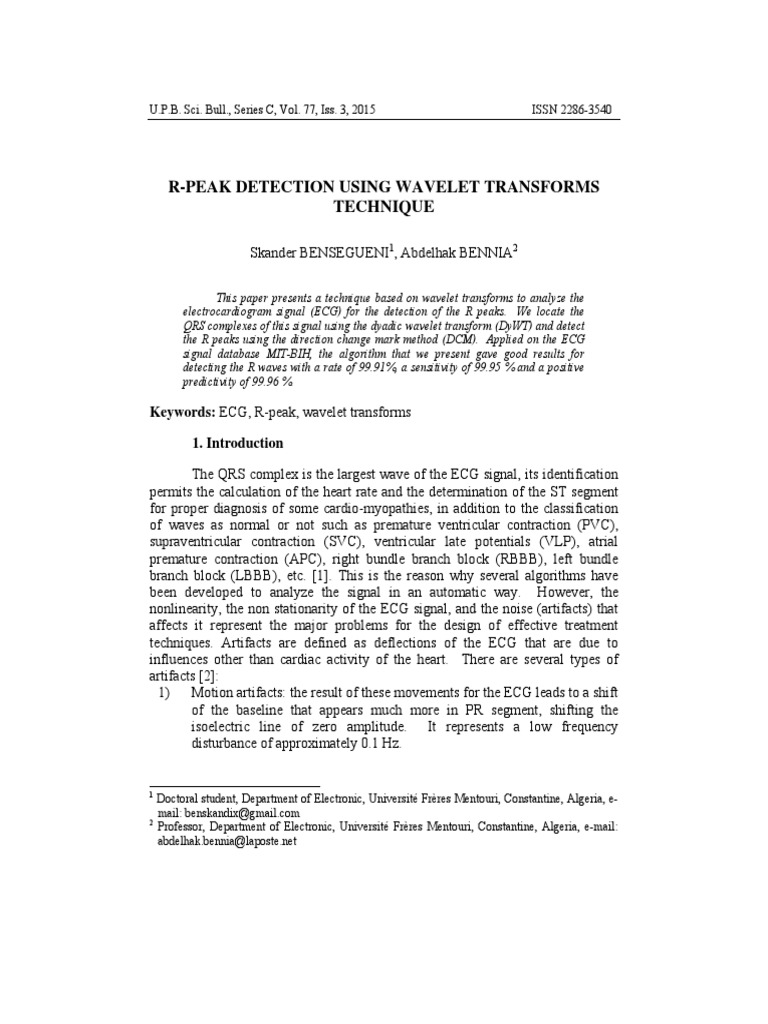 R-Peak Detection Using Wavelet Transforms | PDF | Wavelet | Algorithms