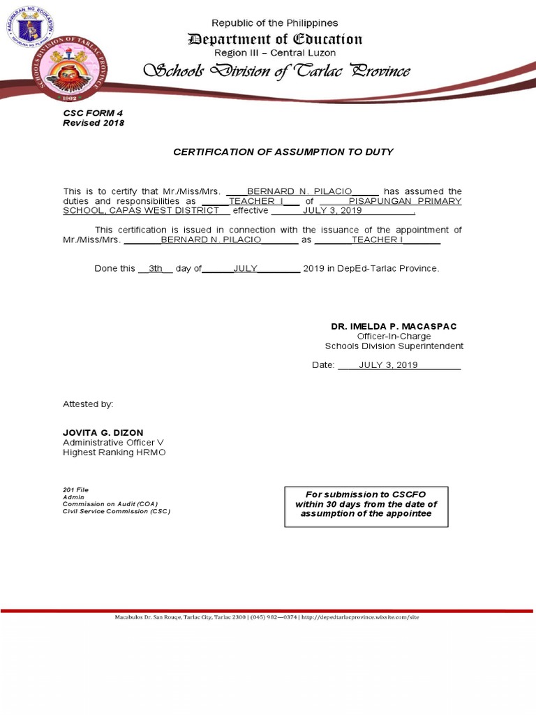 Certification of Assumption To Duty: CSC Form 4 Revised 2018 | PDF