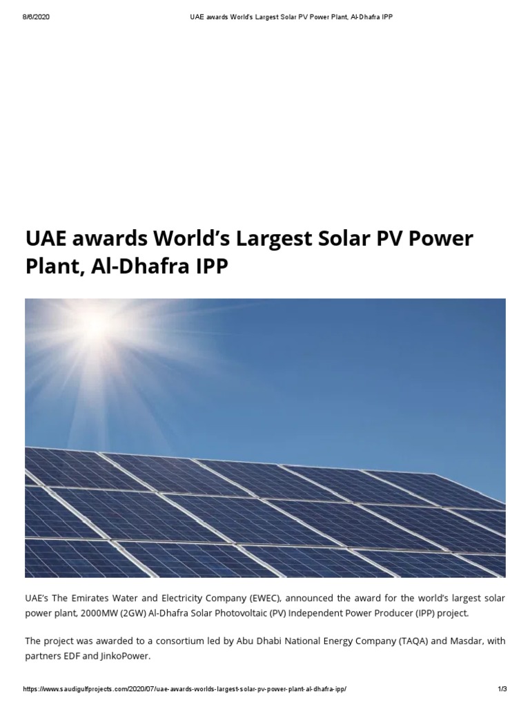 UAE Awards World's Largest Solar PV Power Plant, Al-Dhafra IPP | PDF ...