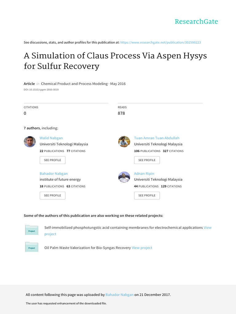 A Simulation of Claus Process Via Aspen Hysys For Sulfur Recovery | PDF ...