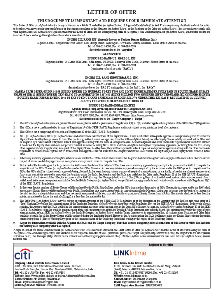 Ingersoll-Rand India Cash Offer Details | PDF | Stocks | Mergers And ...