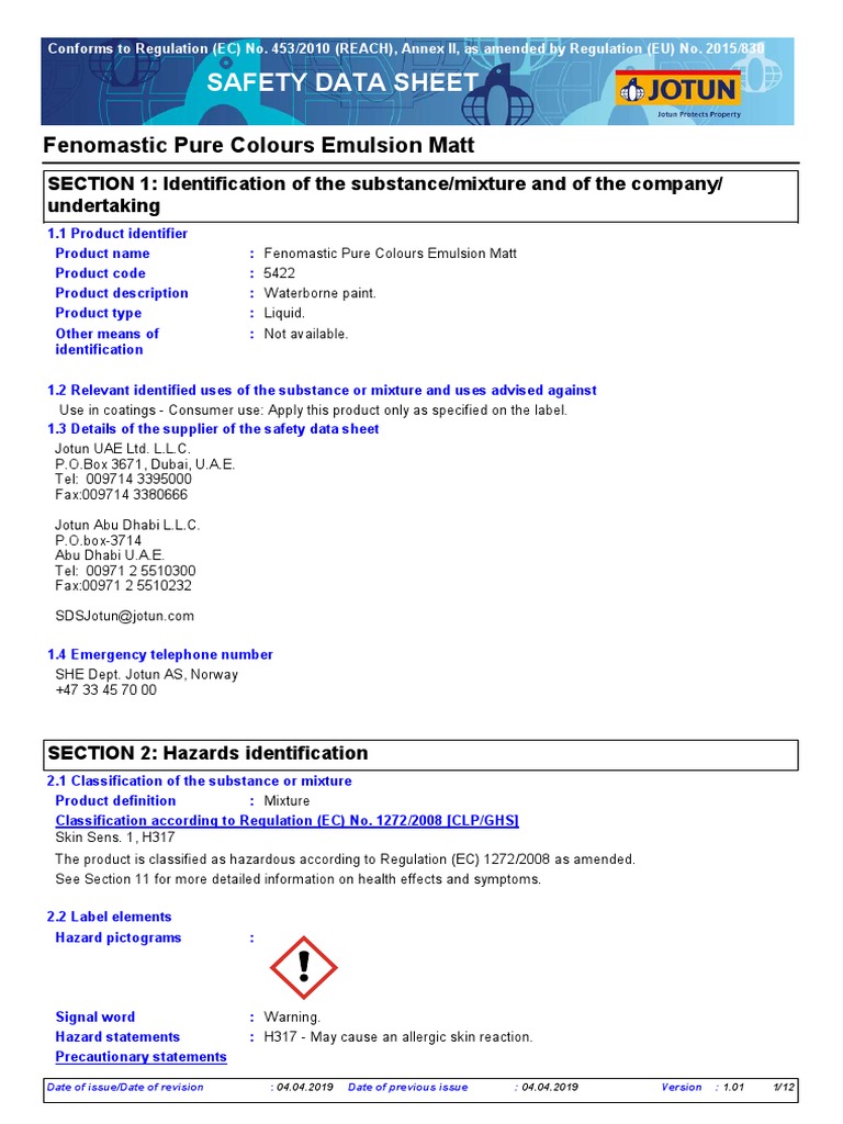 Safety Data Sheet for Fenomastic Pure Colours Emulsion Matt | PDF ...