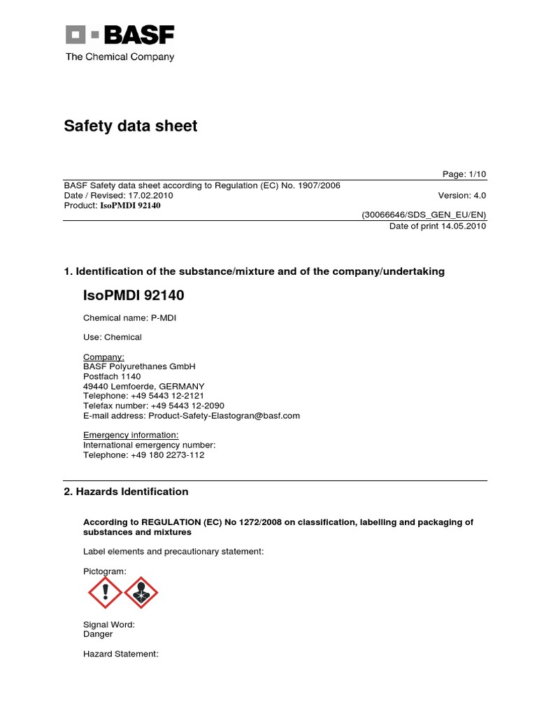 Safety Data Sheet: Isopmdi 92140 | Download Free PDF | Toxicity | Dangerous Goods
