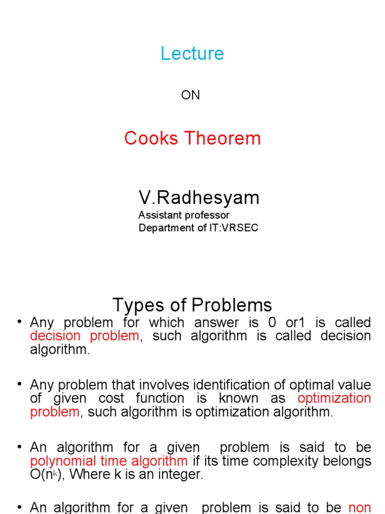 Cooks Theorem: V.Radhesyam | PDF | Time Complexity | Computational Complexity Theory