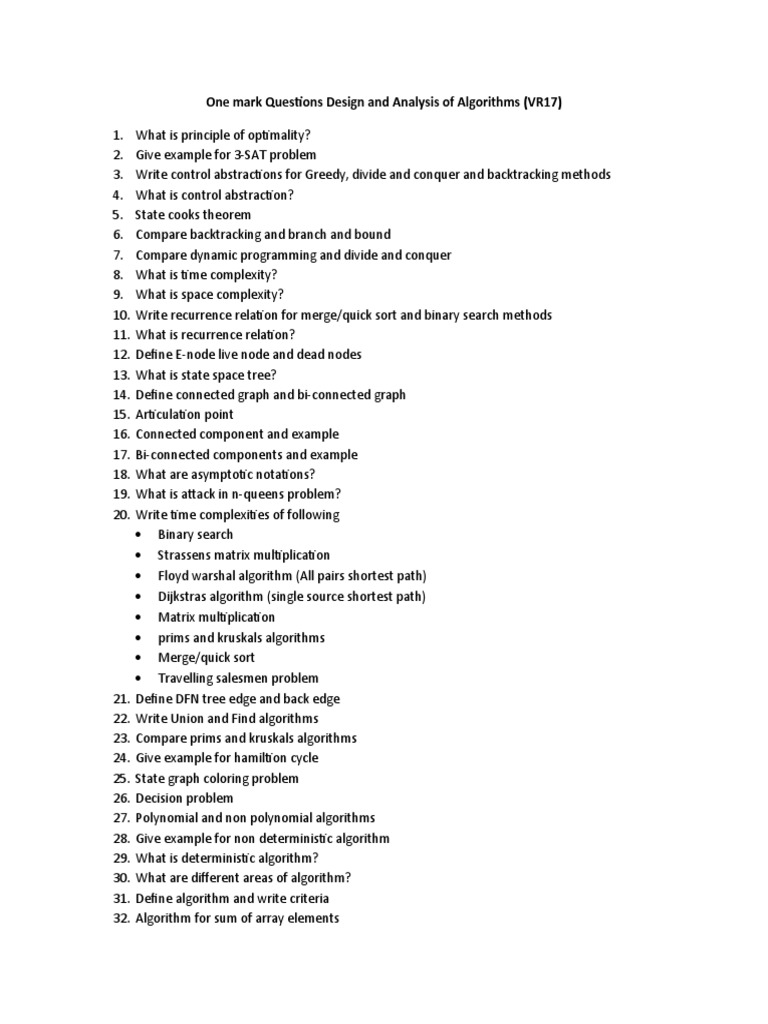 One Mark Questions Design and Analysis of Algorithms (VR17) | PDF | Computational Complexity ...