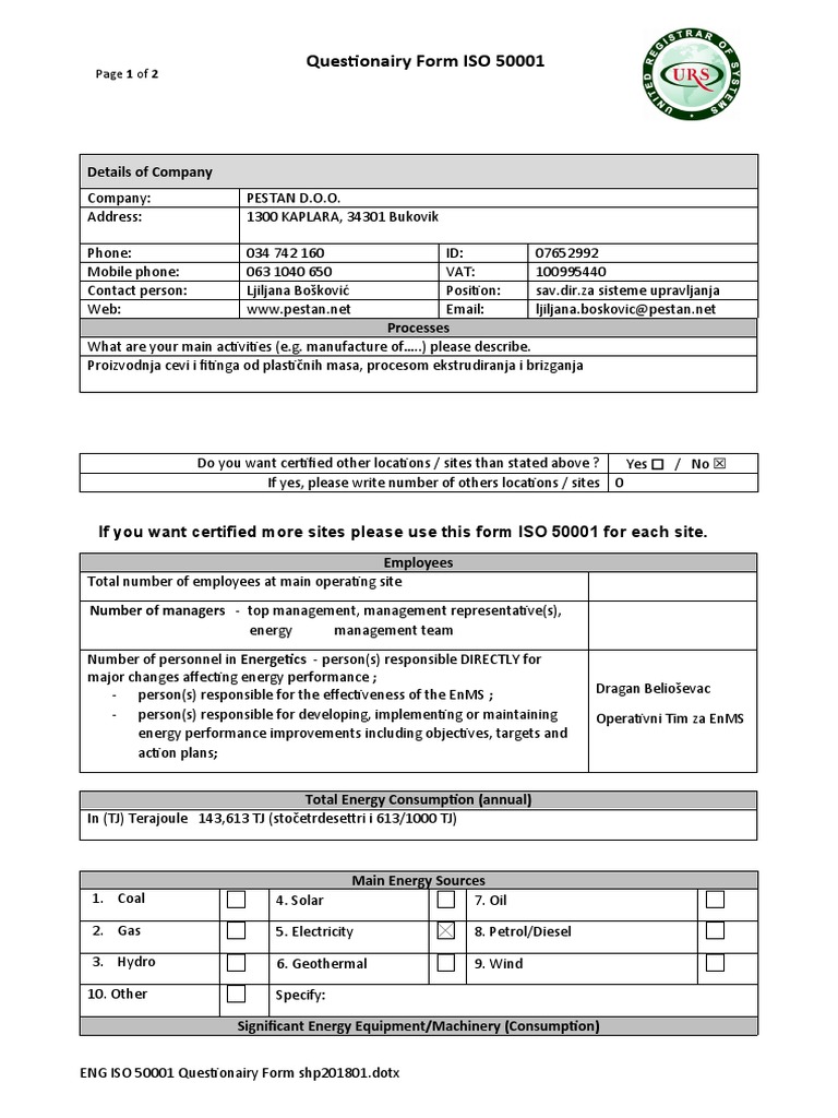 ENG ISO 50001 Questionairy Form | PDF | Sustainable Development ...