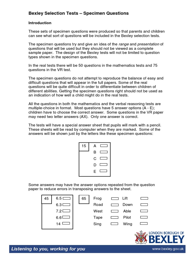 Bexley Selection Tests - Specimen Questions | Download Free PDF ...