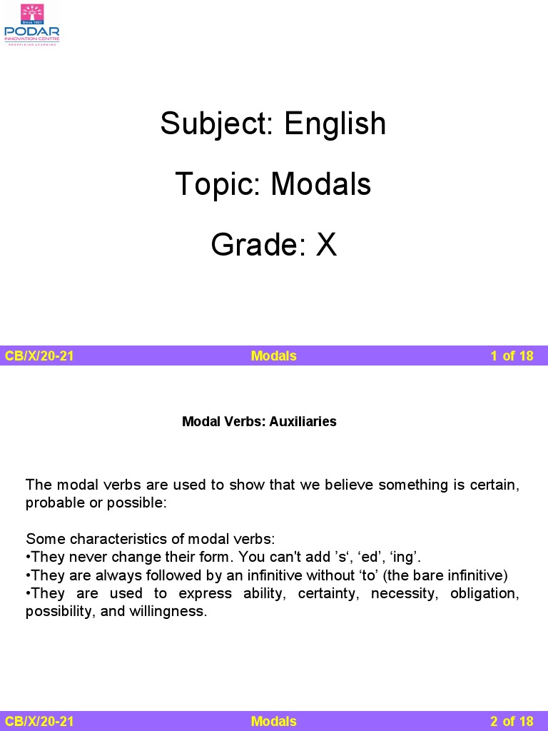 Subject: English Topic: Modals: Modals CB/X/20-21 of 18 1 | PDF | Modal ...