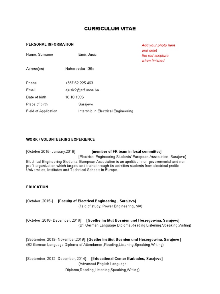 CV of Emir Jusic - Electrical Engineer | PDF | Learning | Languages