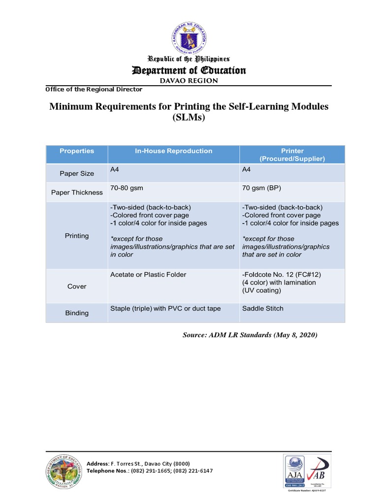 Department of Education: Minimum Requirements For Printing The Self ...