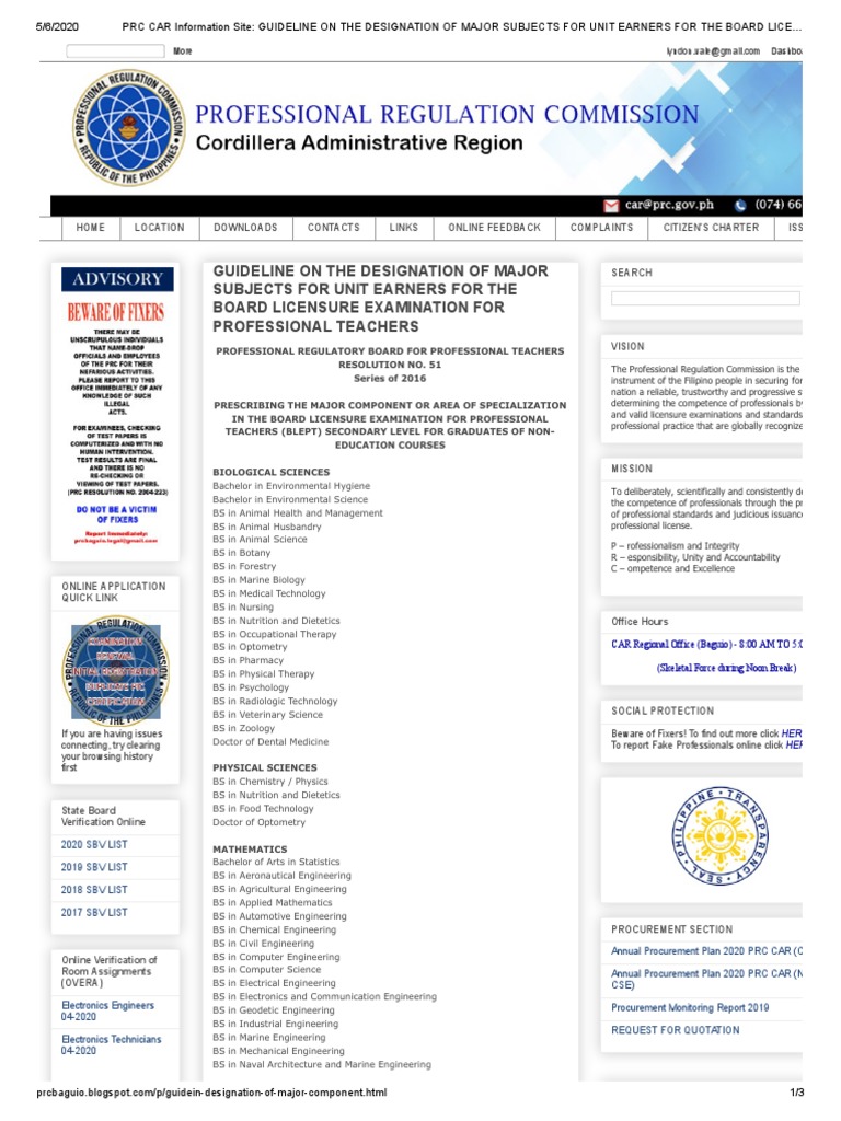 Guideline On The Designation of Major Subjects For Unit Earners For The Board Licensure ...