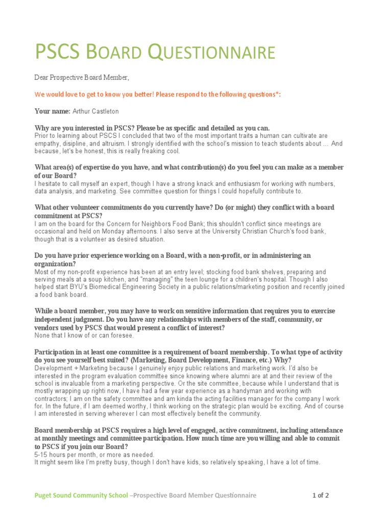 Prospective Board Member Questionnaire | PDF | Board Of Directors ...