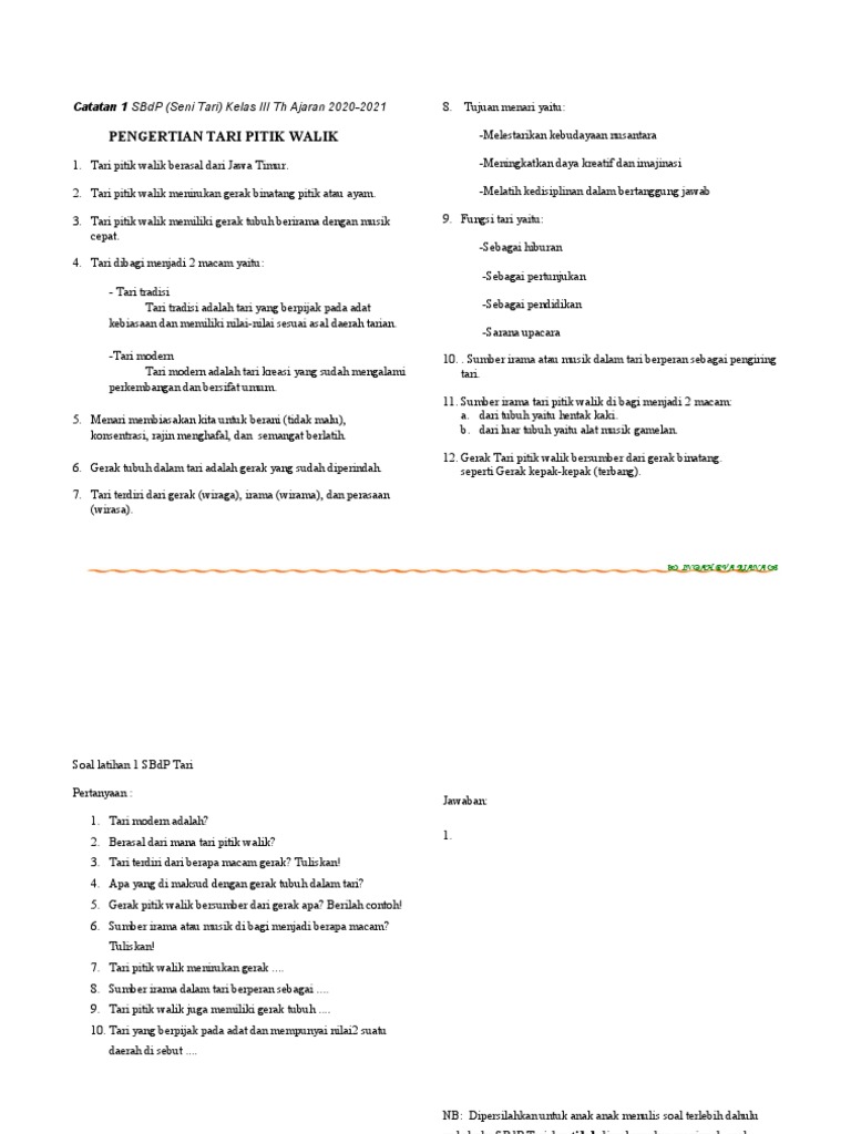 Catatan 1 SBDP Tari Kelas 3 | PDF