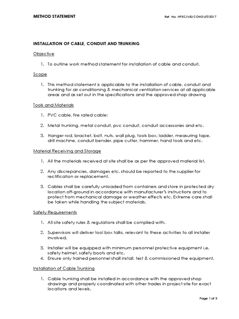 Method Statement - Cable Conduit | PDF | Civil Engineering | Equipment