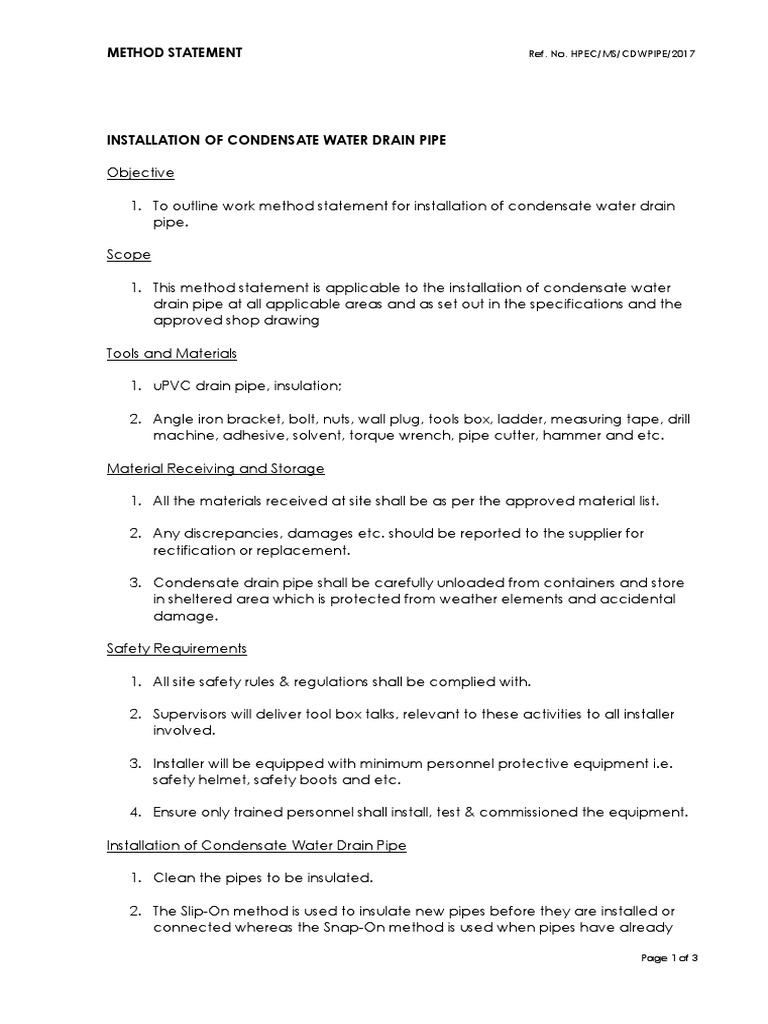 Method Statement - Condensate Drain Pipe | PDF | Pipe (Fluid Conveyance ...