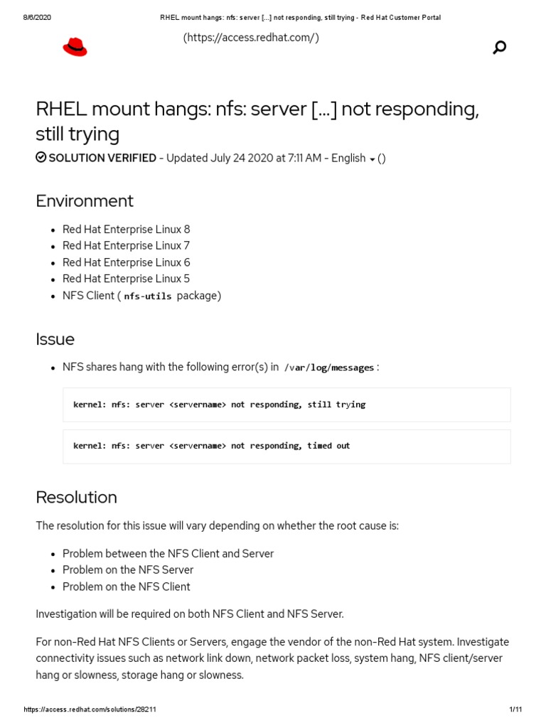 RHEL Mount Hangs - Nfs - Server (... ) Not Responding, Still Trying - Red Hat Customer Portal ...