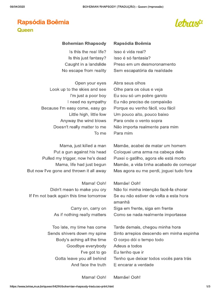 BOHEMIAN RHAPSODY (TRADUÇÃO) - Queen (Impressão) | PDF