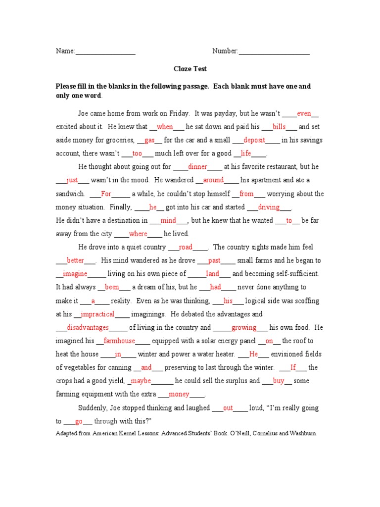 Cloze Test Please Fill in The Blanks in The Following Passage. Each ...