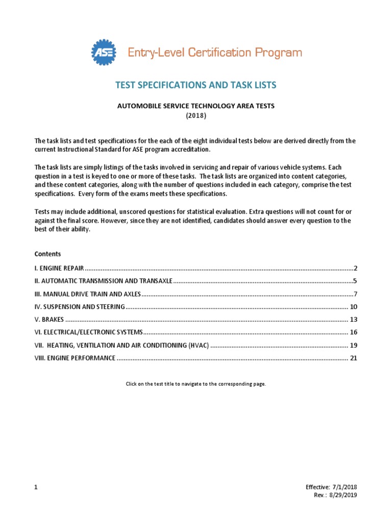 Test Specifications and Task Lists: Automobile Service Technology Area ...
