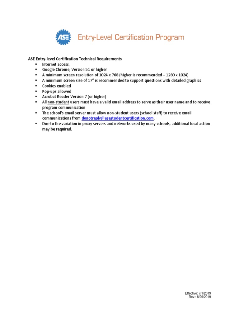 ASE Certification Technical Requirements | PDF