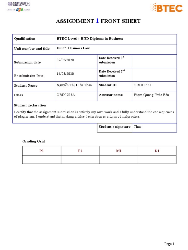 Assignment Front Sheet: Qualification BTEC Level 4 HND Diploma in Business Unit Number and Title ...
