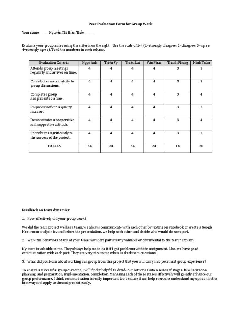 Peer Evaluation Form For Group Work | PDF | Pedagogy | Teaching