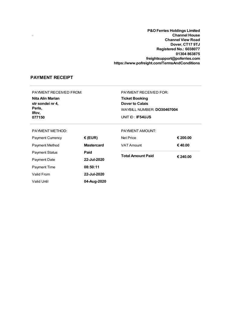 Payment Receipt: Payment Received From: Payment Received For | PDF