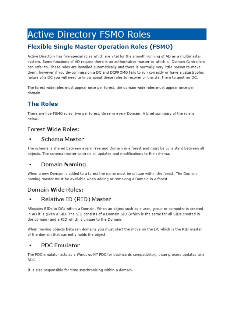 Understanding Active Directory FSMO Roles | PDF | Microsoft Windows ...