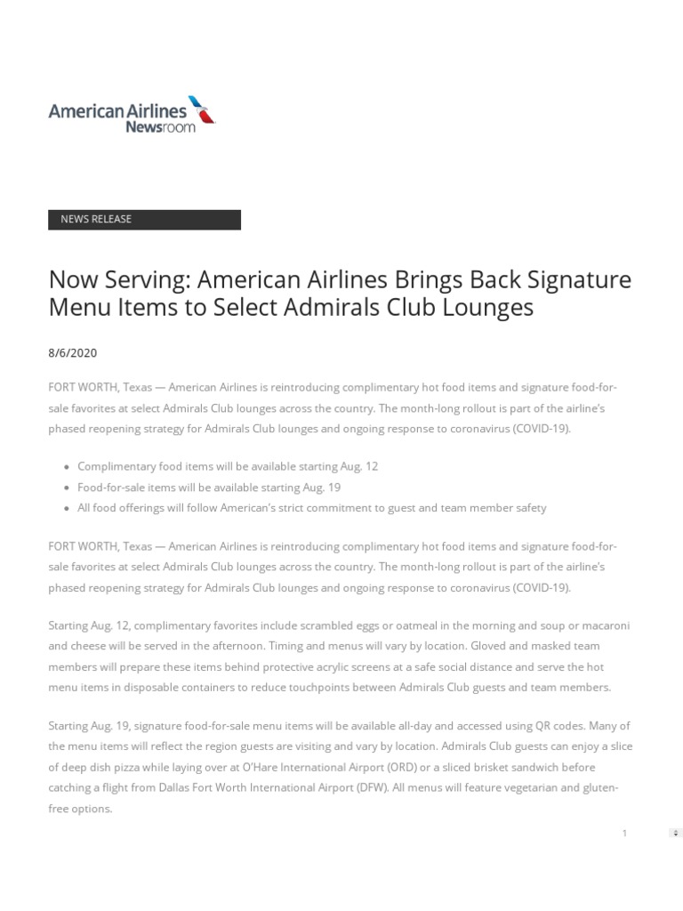 American Airlines Brings Back Signature Menu Items To Select Admirals ...