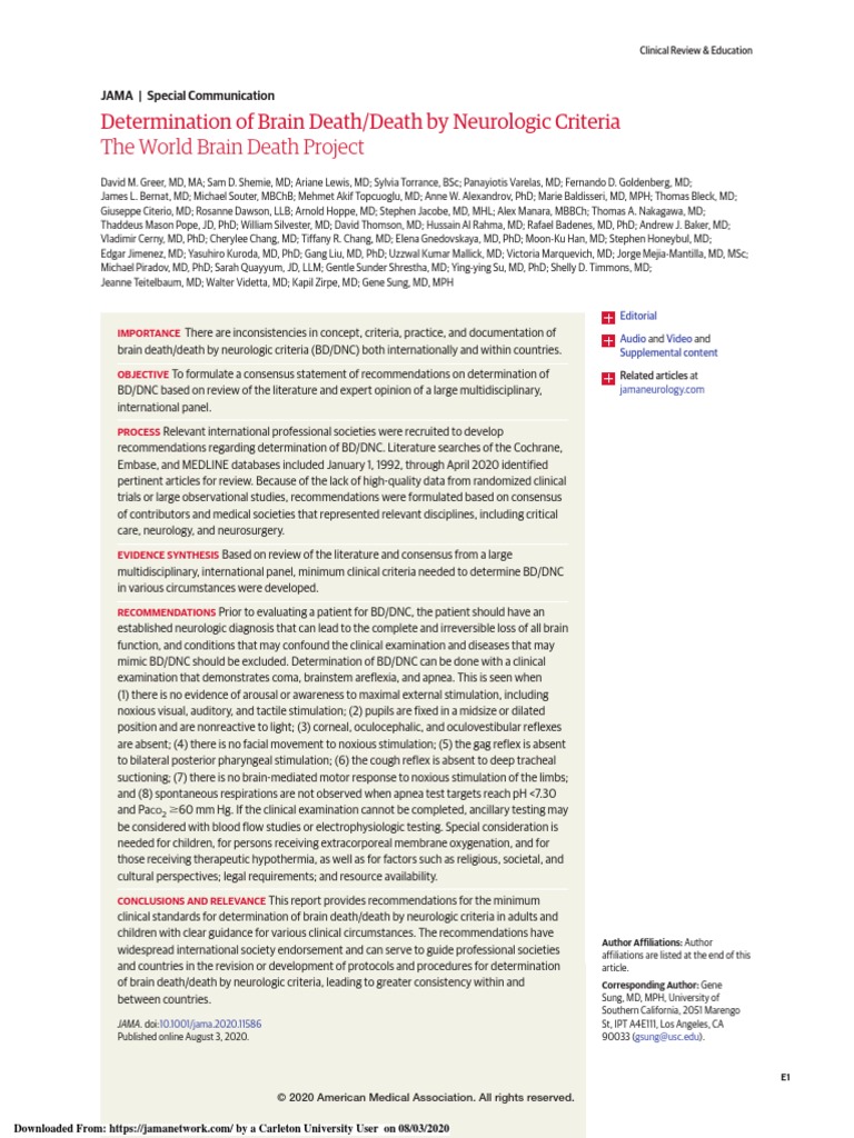 Determination of Brain Death/Death by Neurologic Criteria The World ...