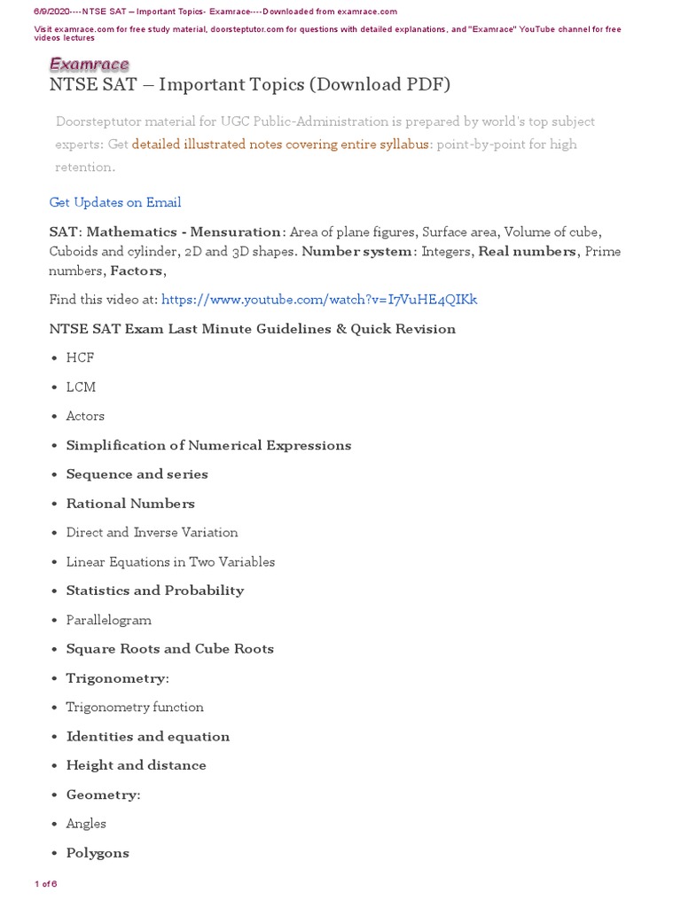 NTSE SAT - Important Topics (Download PDF) : Examrace | PDF | Area ...