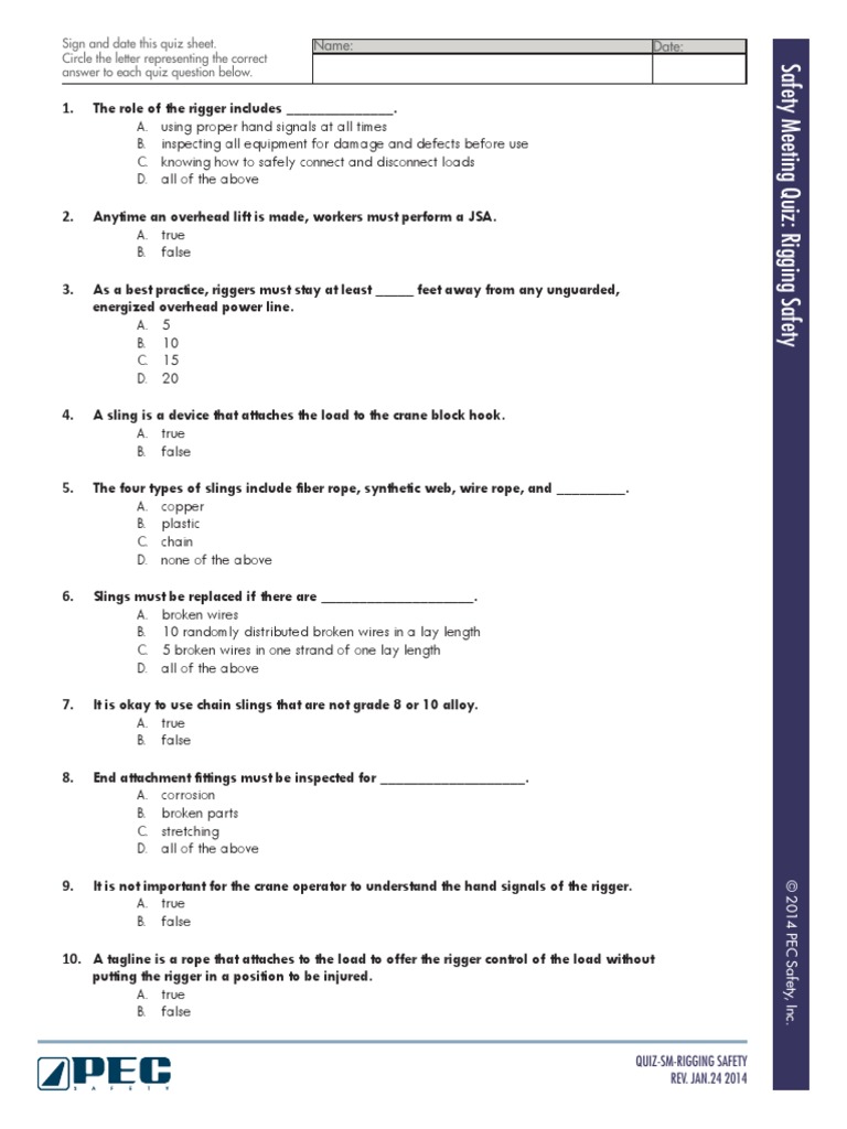 2014 09 Rigging Safety Quiz | PDF | Rigging | Manufactured Goods